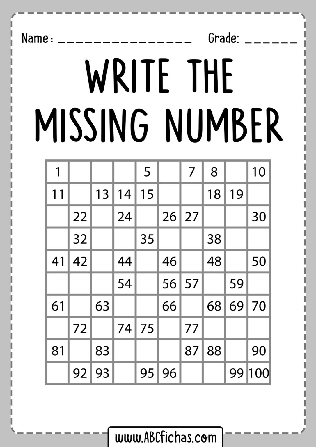 Write The Missing Number 1 100 ABC Fichas Write The Missing Number 1 100 ABC Fichas