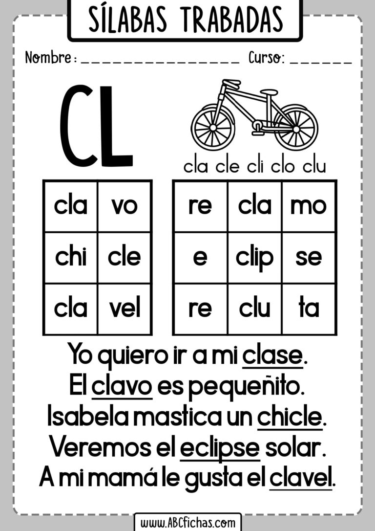 Fichas silabas trabadas cl - cla cle cli clo clu - ABC Fichas
