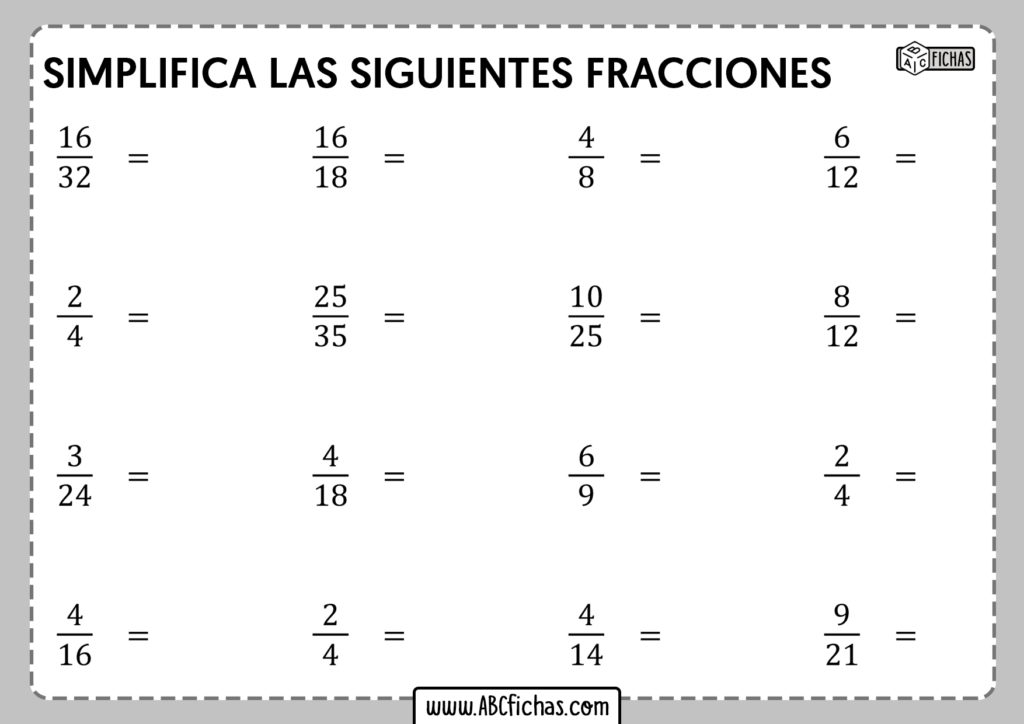 Ejercicios de Simplifiación de Fracciones para Imprimir