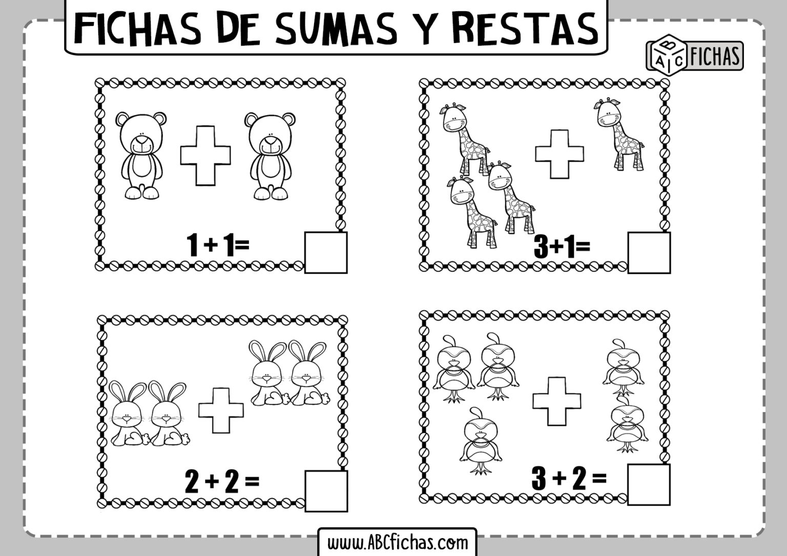 Fichs de sumar y restar con dibujos de animales - ABC Fichas