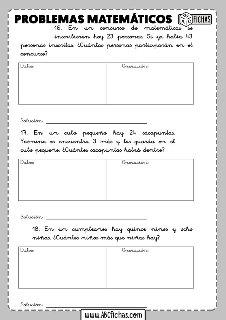 Problemas matemáticos para primero - ABC Fichas
