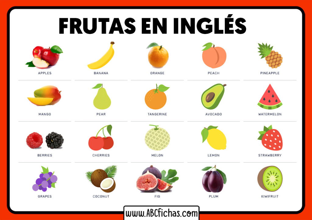 Fichas de Vocabulario de Las Frutas en Inglés para Niños
